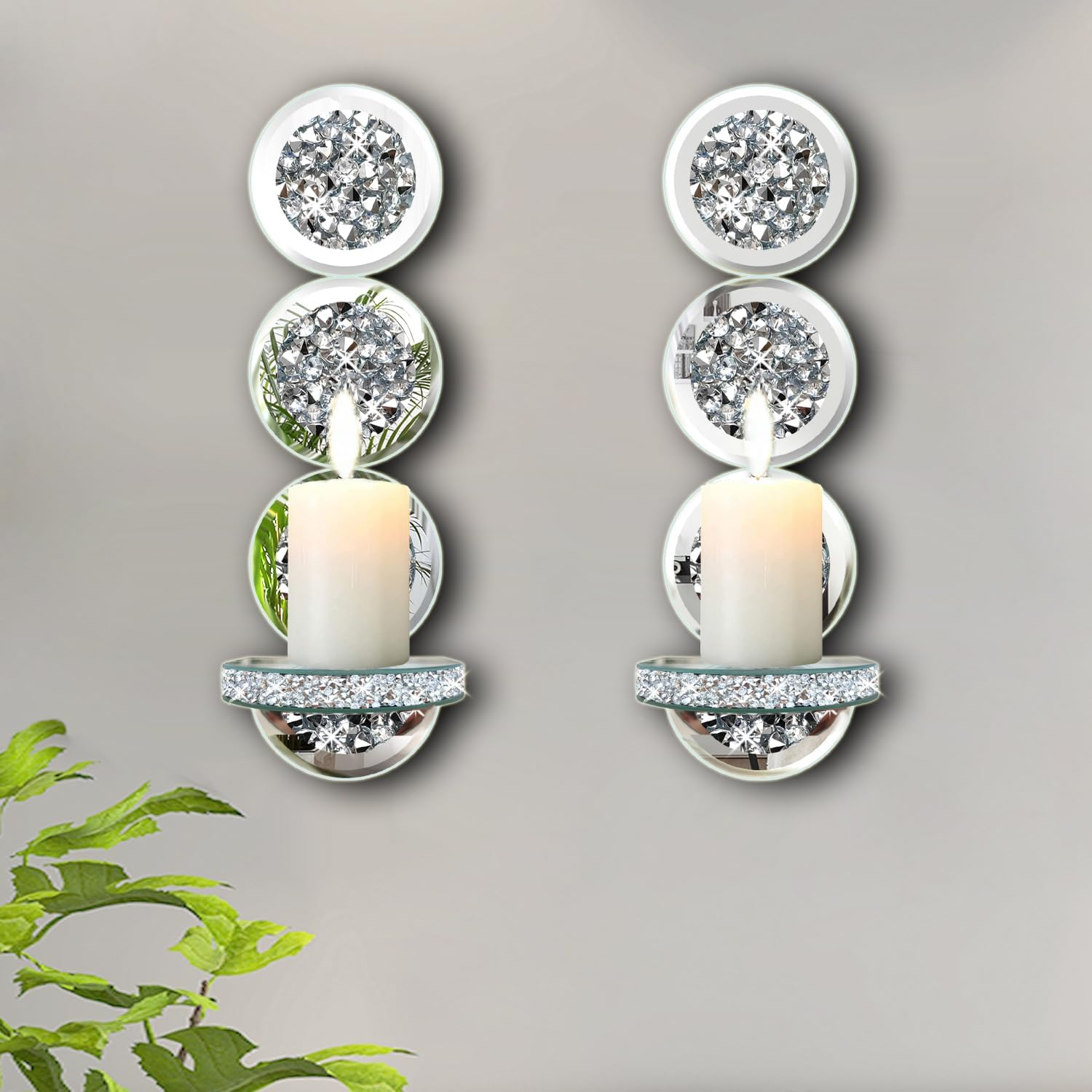 Set of 2 Crystal Crush Diamond Candle Sconces, Gorgeous Silver Mirrored ...