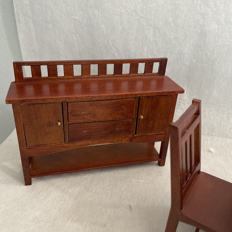 DOLLHOUSE WOODEN DINING ROOM 6 PC SET MAHOGANY TOWN SQUARE MINIATURES ...