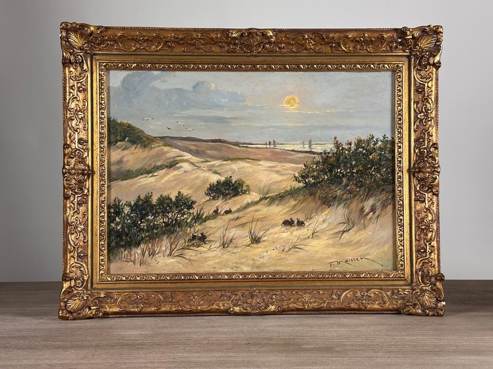 Painting Antique Beach Landscape Dune Rabbit Marine Boat the Touquet ...
