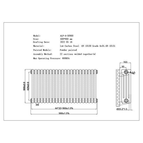 UK Radiators 500mm High x 988mm Wide 4 Column White Traditional Heater ...
