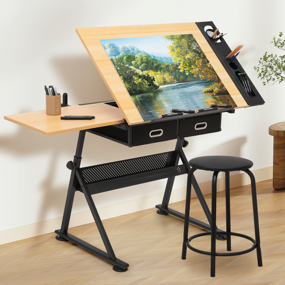 Drafting Drawing Table[STOOL+DRAWER]Adjustable Wood Tabletop Craft Work ...