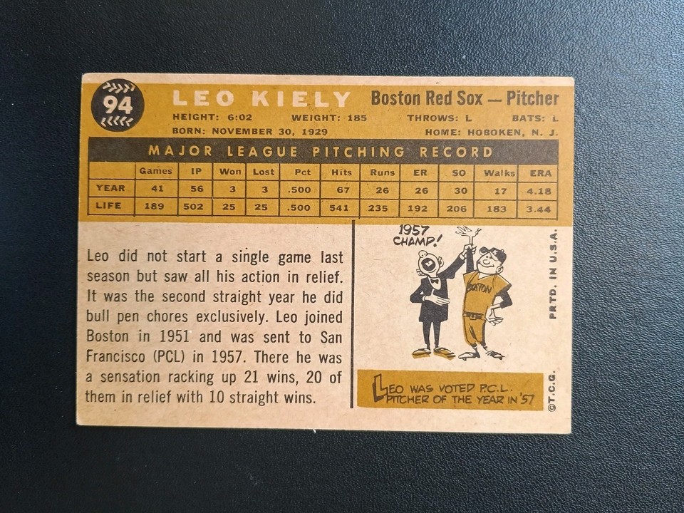 1960 Topps Leo Kiely #94 Boston Red Sox Free Shipping | eBay