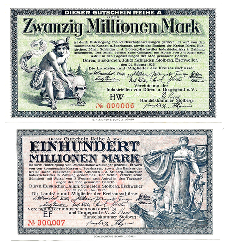 2 MOST BEAUTIFUL GERMAN NOTES OF ALL TIME (20/100 MILLION MARKS) SERIAL ...