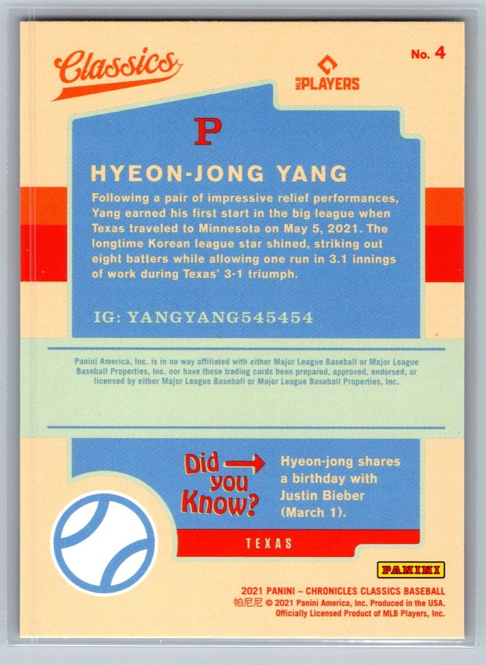2021 Panini Chronicles Classics Baseball #4 Hyeon-Jong Yang RC Texas Rangers | eBay