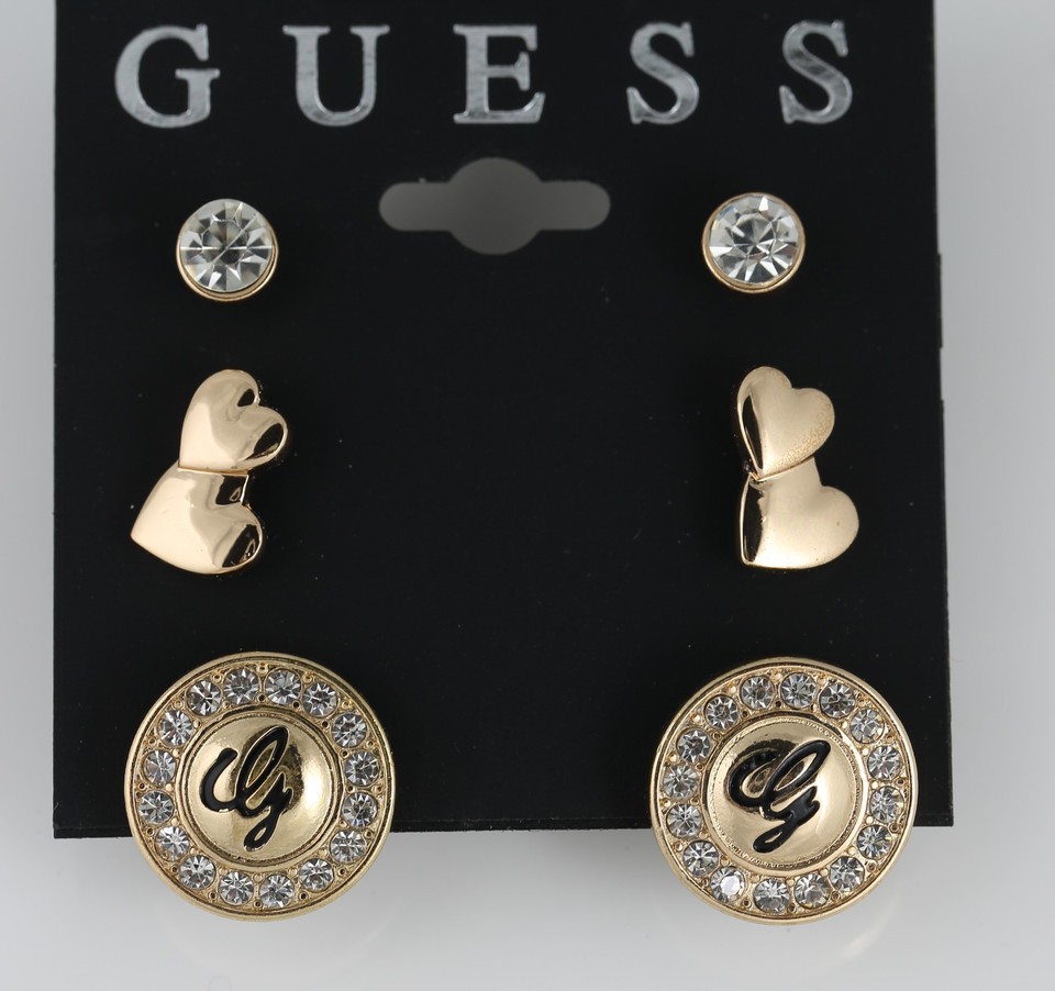 Guess 3-Piece Set Gold-Tone Earrings Round Hearts Crystals Logo | eBay