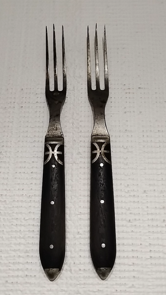Antique 3-Pronged Tined Forks Civil War Era Wood Pewter Inlay Handle ...