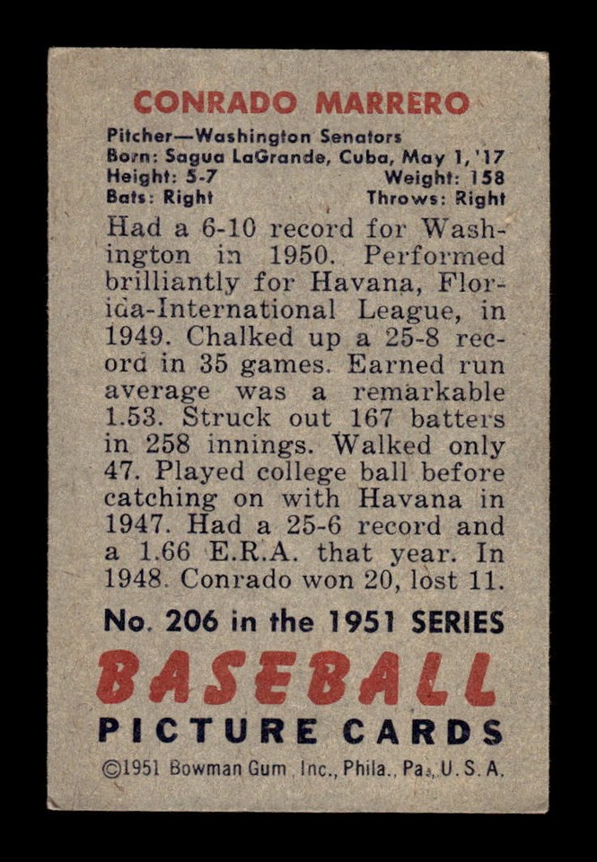 1951 Bowman Baseball #206 Connie Marrero VGEX Washington Senators | eBay