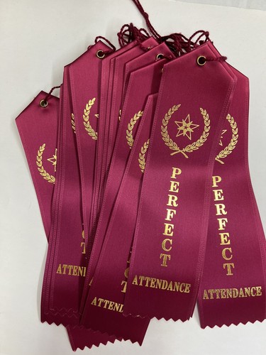 Lot of 20 Award Ribbons PERFECT ATTENDANCE** Maroon**New With Card 2" x ...