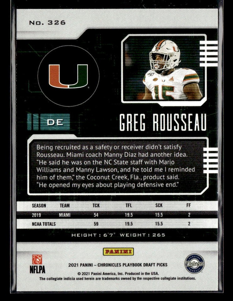 2021 Panini Chronicles Draft Picks #326 Greg Rousseau card | eBay