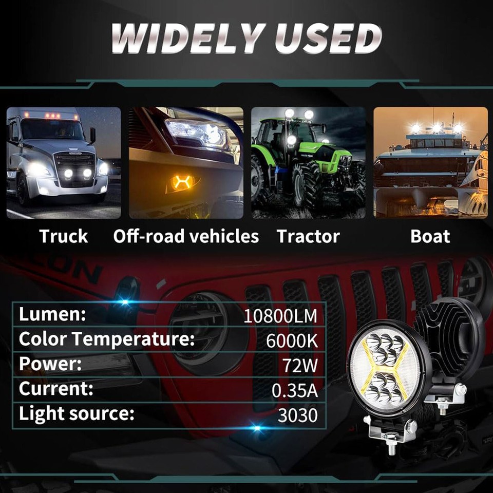 4.5" LED Work Light Bar Amber Pods DRL Round Offroad Driving Truck ATV ...