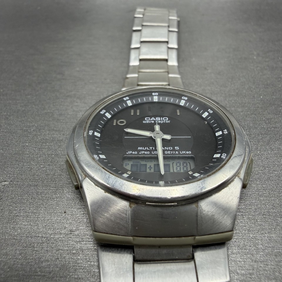 Casio Wave Ceptor Watch Men 41mm Black Dial Steel Analog Digital Solar ...