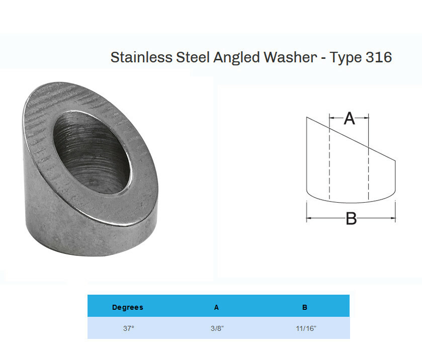 316 SS 37 Degree Angled Beveled Washer For Cable Railing - 3/8" Cable ...