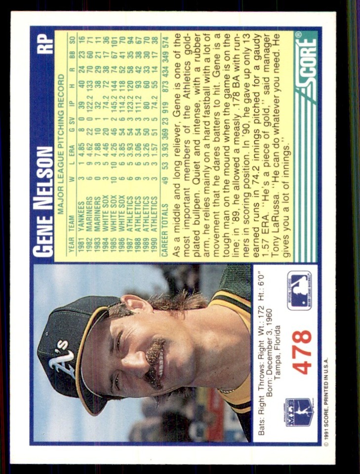 1991 Score Gene Nelson Oakland Athletics #478 | eBay