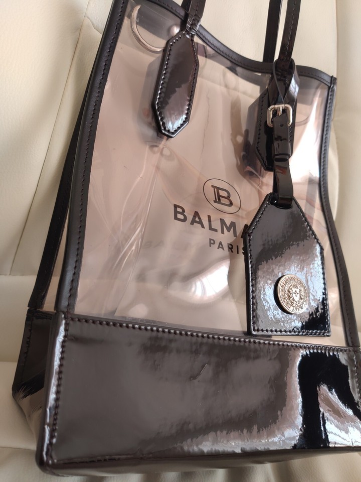 BALMAIN Transparent Print Logo Small Tote PVC Clear Black Leather ...