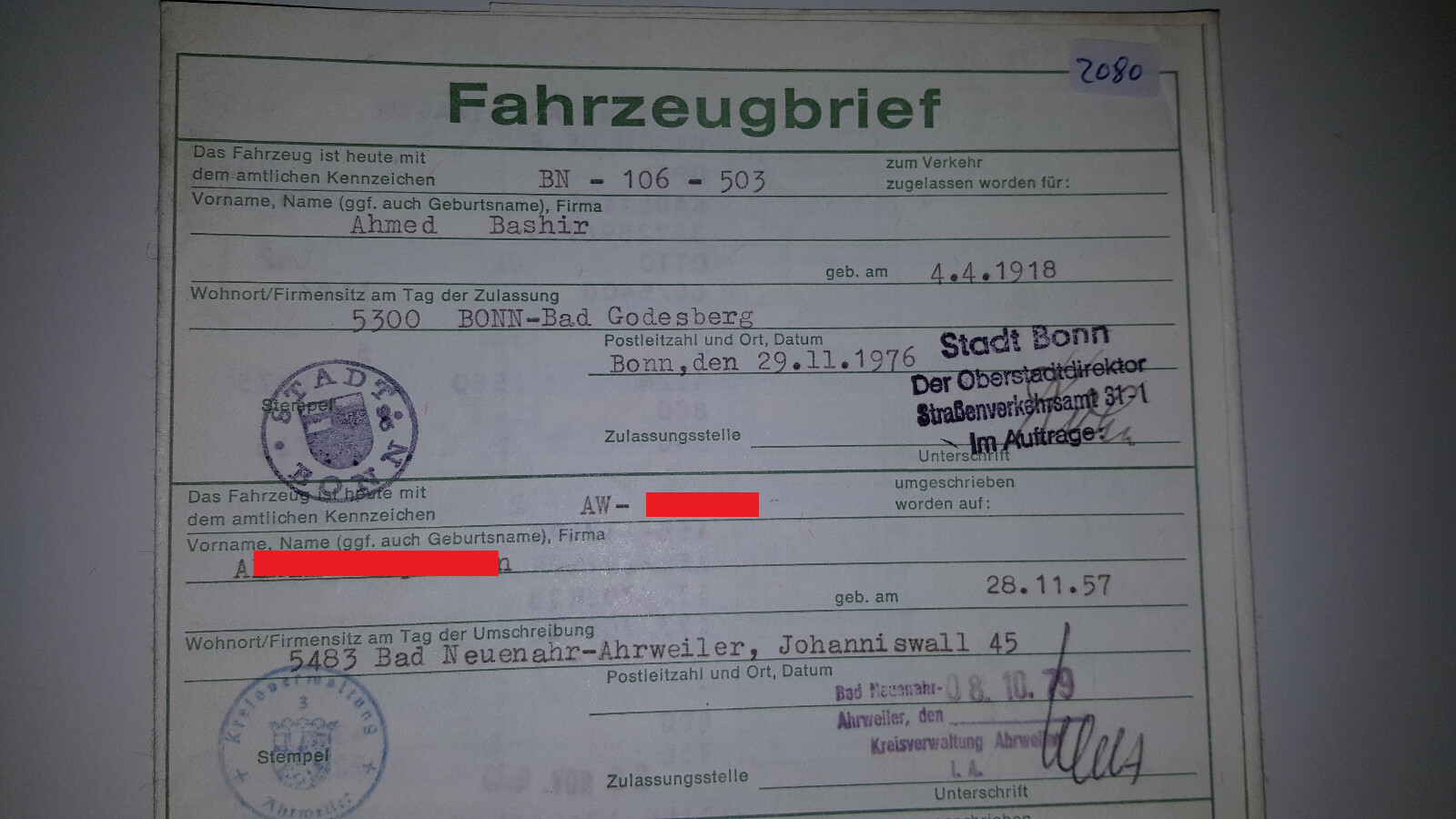 KFZ Brief Fahrzeugbrief Diplomat Sonderkennzeichen Bonn Opel Kadett C f ...