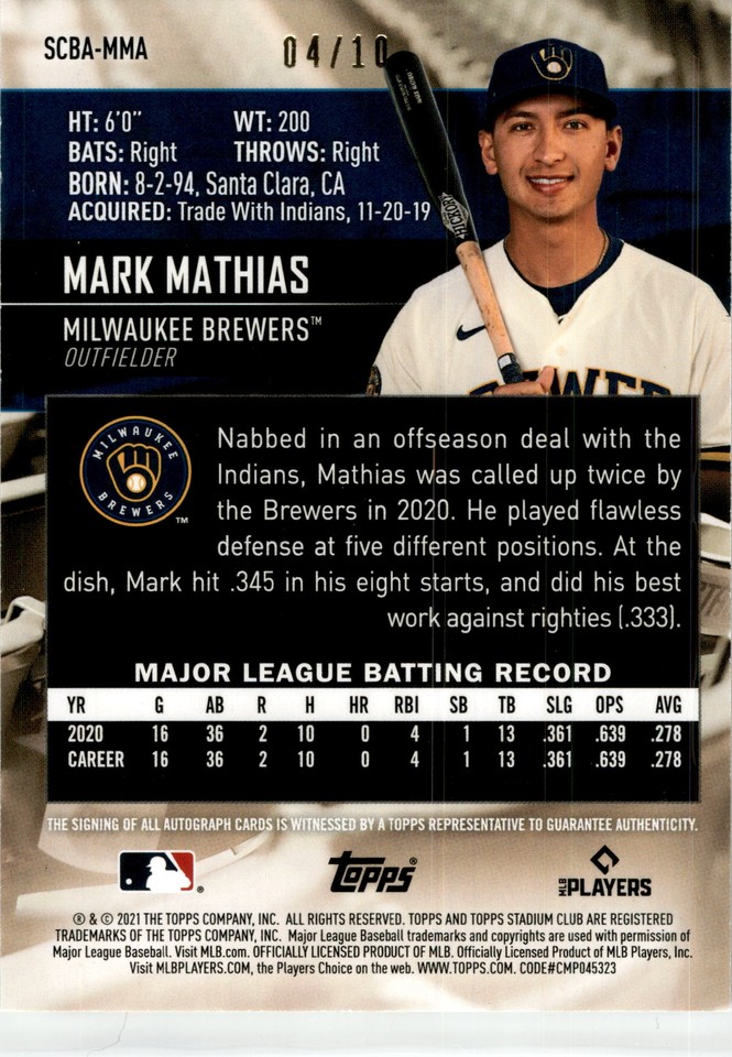 2021 Stadium Club #SCBA-MMA Mark Mathias Autographs /10 NM/M | eBay