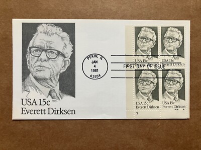1981 15c Everett Dirksen 1874 Andrews Cachet Plate Block FDC LE 121 / ...