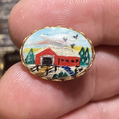 Hand Painted Covered Bridge Lapel Pin Hat Vest EUC K455 | eBay