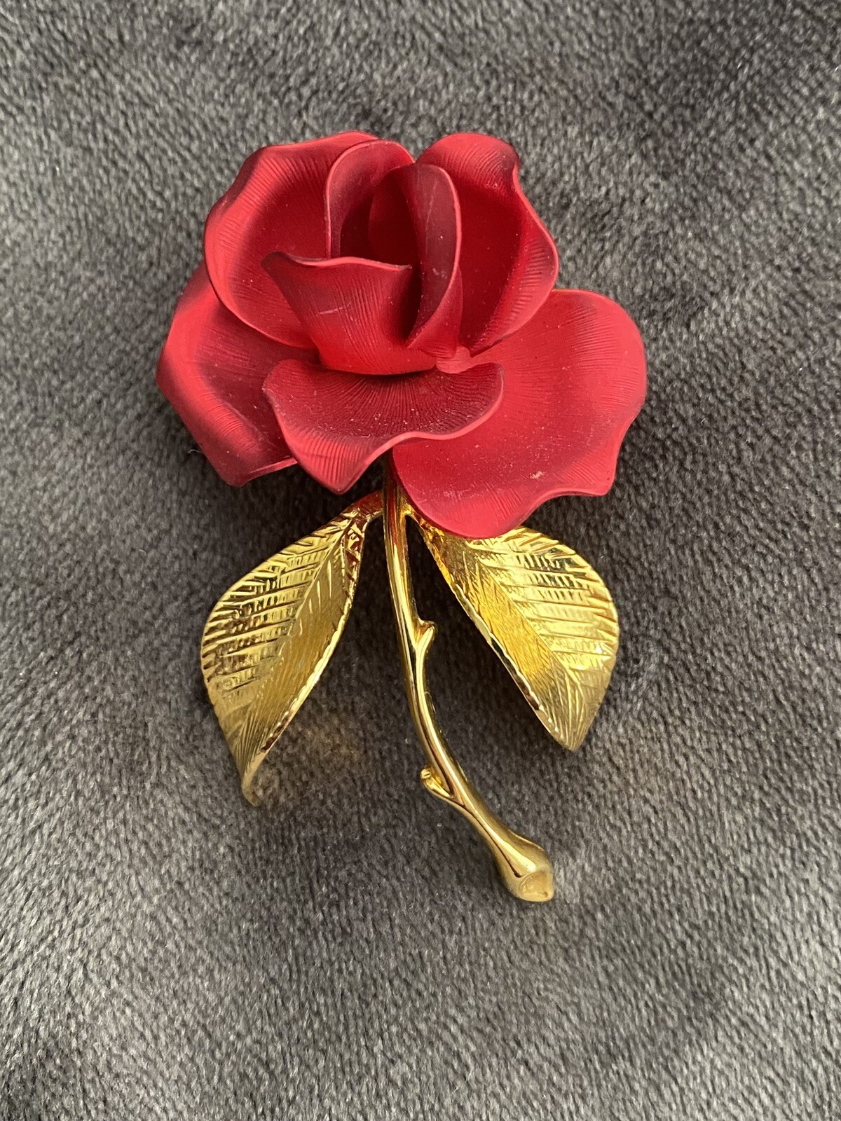 Red Satin Enameled Gold Tone Rose Flower Vintage Brooch Pin 2.5" Signed ...