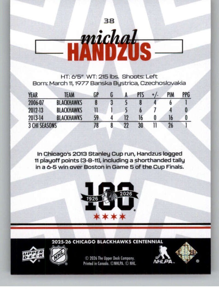 Michal Handzus 2025-26 Upper Deck Chicago Blackhawks Centennial #38 NH ...