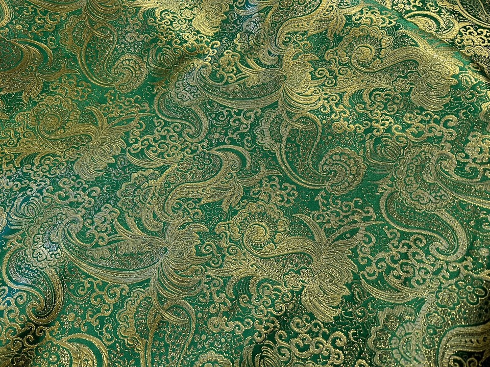 KELLY GREEN GOLD Paisley Metallic Brocade Fabric 60” Width Sold By The ...