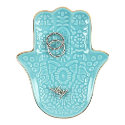 Turquoise Hamsa Hand Ceramic Trinket Tray Dish Crystal Jewellery Blue ...