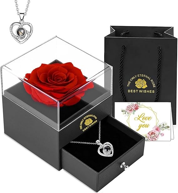 Eternal Preserved Real Rose Gift Box With Necklace Mother's Day gift ...