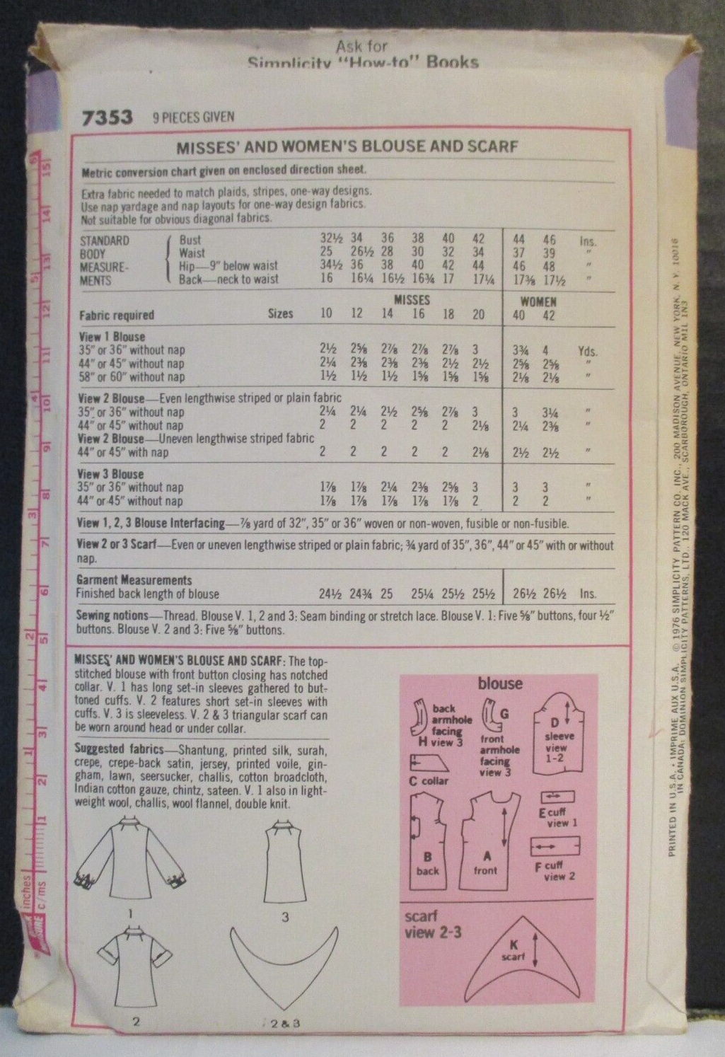 Simplicity Pattern 7353 Misses Blouse & Scarf Size 12 Bust 34"Cut ...