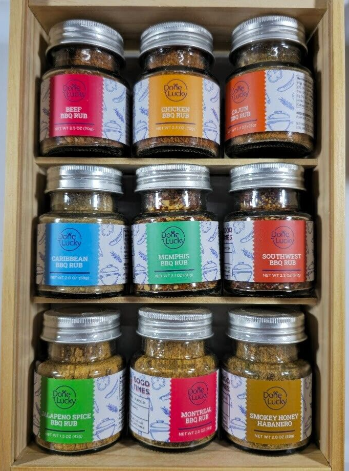 Done Lucky 9 Pack BBQ Rub Gift Set in Premium Wooden Box Spices ...