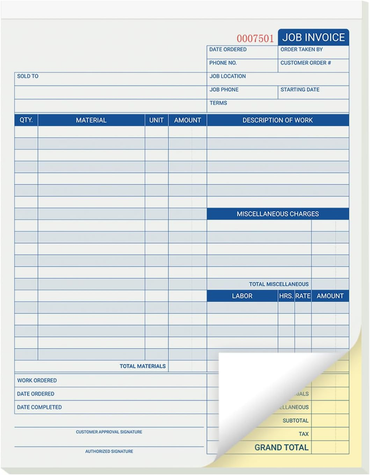 50 Sets Job Invoice Forms, 2 Part Carbonless, 8.5X11 Inch Work Order ...