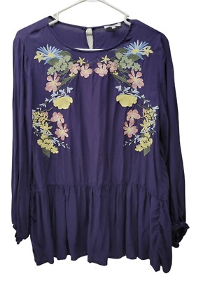 JODIFL Medium Navy Blue Embroidered Blouse Peplum Hem Elastic Slv ...