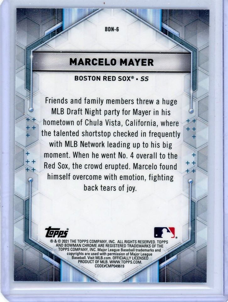 2021 Bowman Draft #BDN-6 Marcelo Mayer Draft Night SP RC Boston Red Sox ...