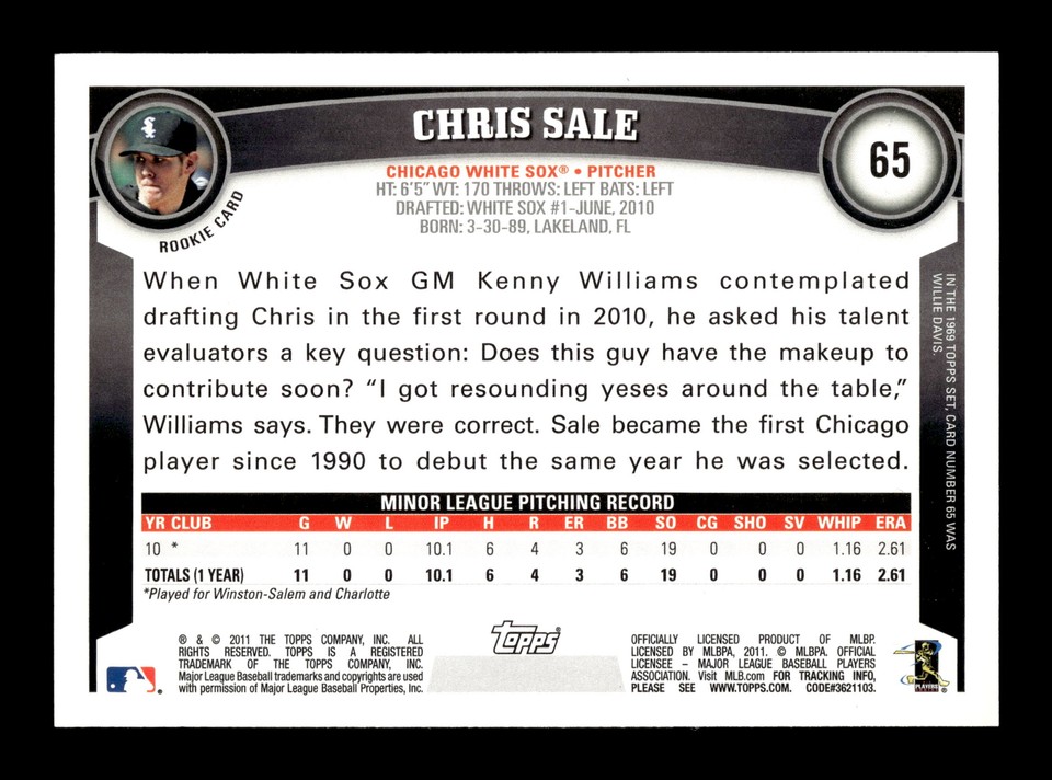 2011 Topps MLB Baseball #65 Chris Sale Rookie Card RC Chicago White Sox ...