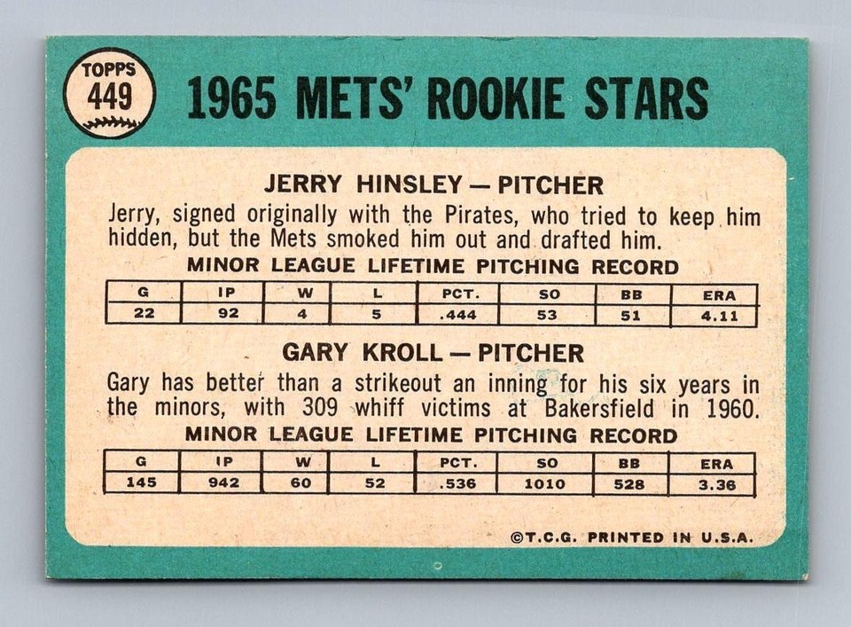 1965 Topps Baseball Rookie Stars (Hinsley/Kroll) #449 New York Mets NR ...