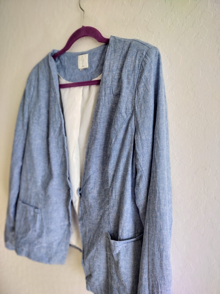 Joie Blue Linen-Viscose Blend Collarless Open Front Blazer Jacket ...