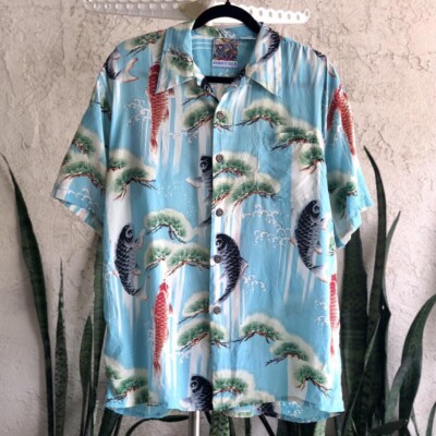 RARE Vintage Avanti Silk Hawaiian Original Japanese Koi Fish Button Up ...