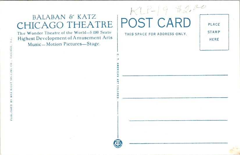 Postcard View of the Balaban & Katz Chicago Theater Chicago Illinois IL ...