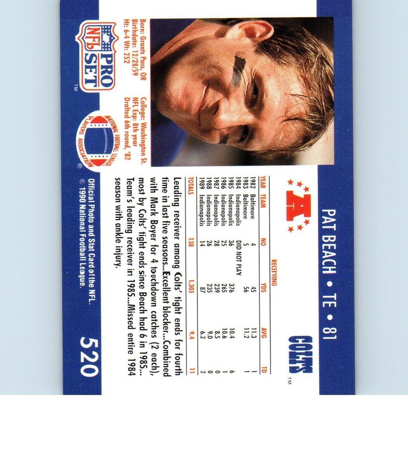 Pat Beach 520 Colts 1990 Pro Set NFL Football Trading Card | eBay