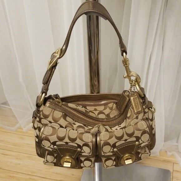 Coach Gold Metallic Leather Canvas Purse Handbag with… - Gem