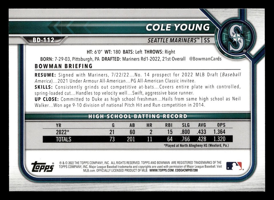 Cole Young 2022 1st Bowman Draft #BD-112 Seattle Mariners ROOKIE RC | eBay