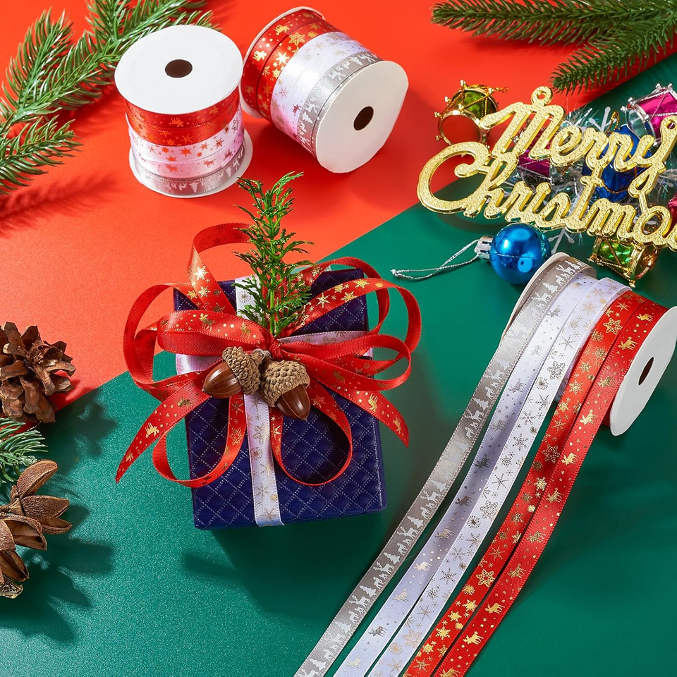 32.8 Yards Christmas Ribbons for Crafts, 3/8" Inch Wide Xmas Satin ...
