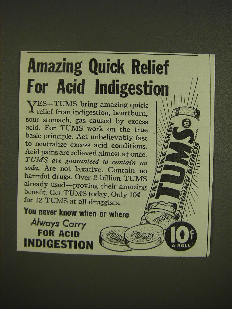 1939 Tums Antacid Ad - Amazing quick relief for acid indigestion | eBay