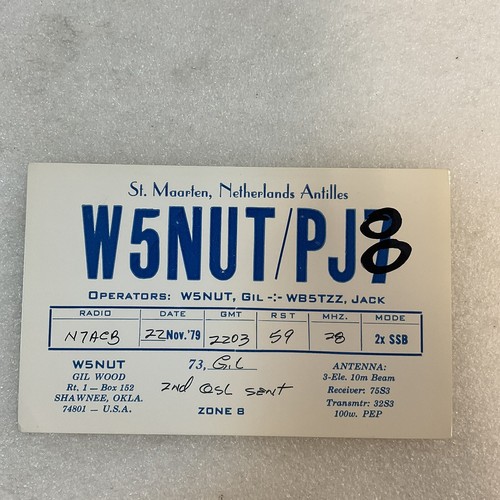 QSL Short Wave Ham Radio Card W5NUT/PJ8 Gil Wood St Maarten Netherlands ...