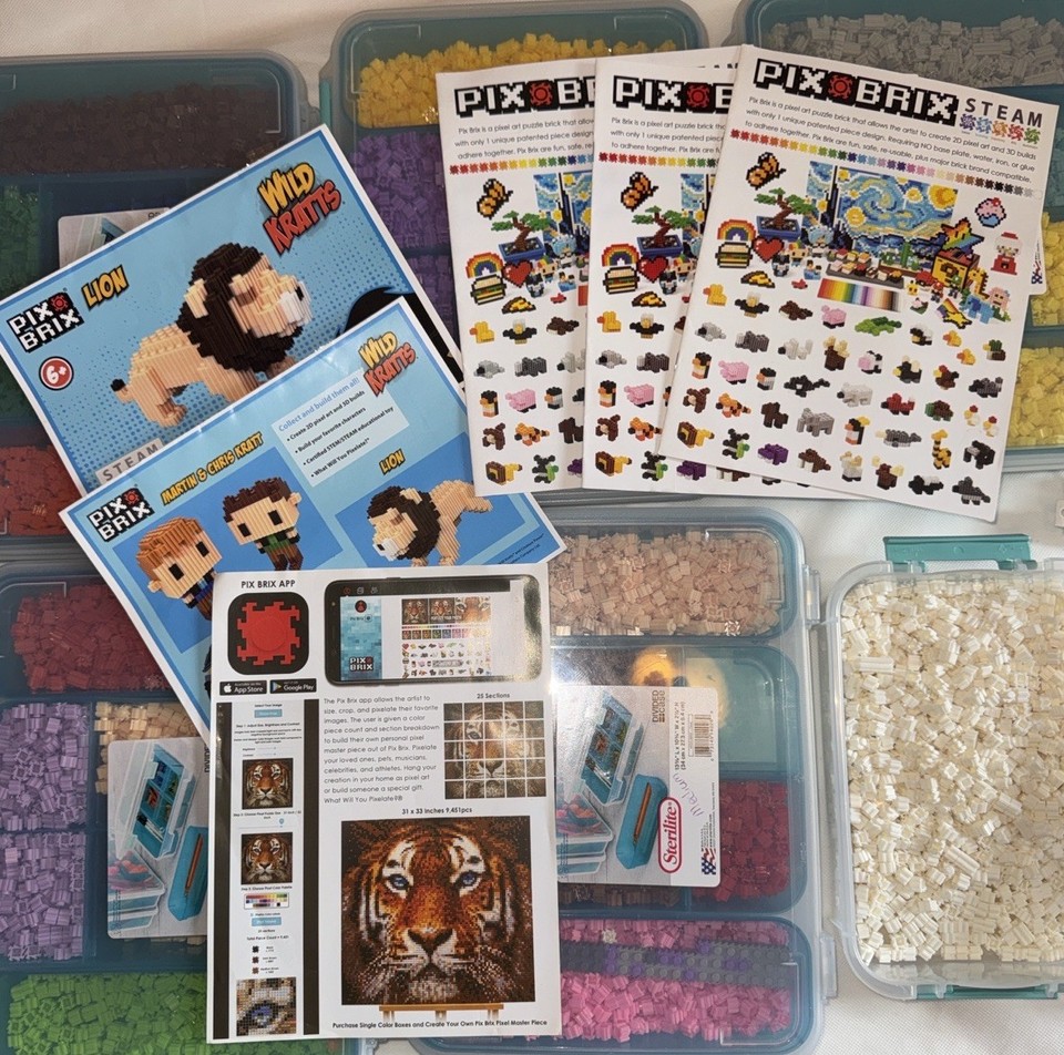 Pix Brix Lot 15,000+ Micro Bricks w/ Guides & Art in 10 Sterilite Bins ...
