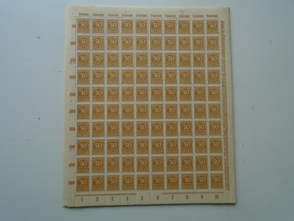Germany - SG313 50T DM 1923 yellow bistre. 10 x complete sheets of 100 stamps. | eBay