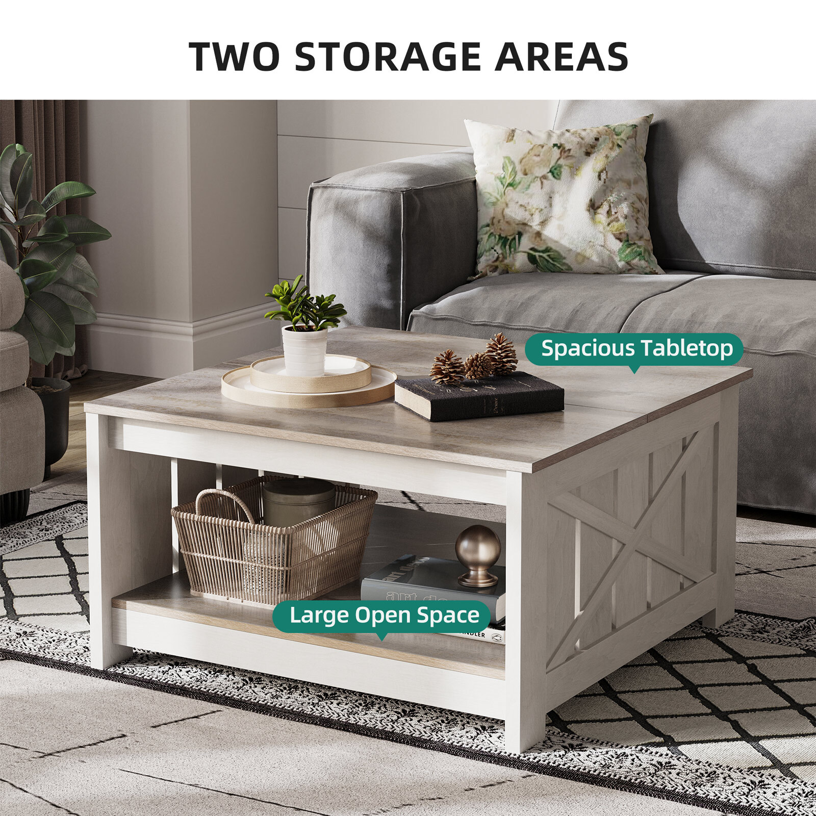 Square Coffee Table Rustic Cocktail Center Table with Bottom Shelf ...