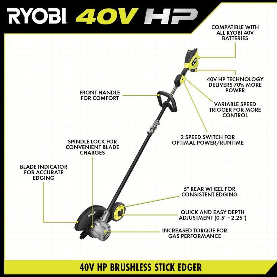RYOBI Trimmers + Edgers 69" H x 14" W 40 V Brushless Stick Lawn Edger ...