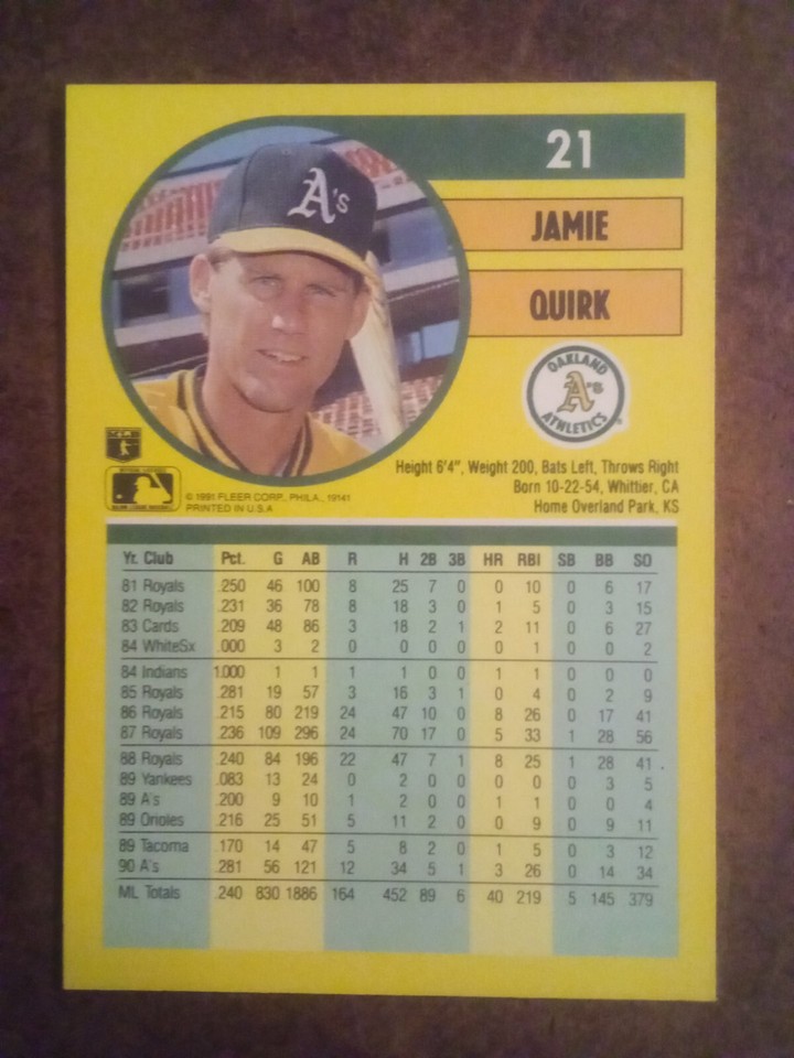 Jamie Quirk 21 Fleer 1991 MLB Baseball Card | eBay