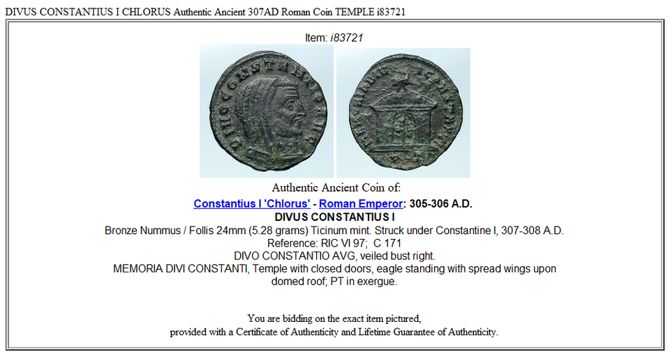 DIVUS CONSTANTIUS I CHLORUS Authentic Ancient 307AD Roman Coin TEMPLE ...