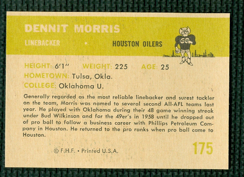 1961 FLEER FOOTBALL # 175 DENNIT MORRIS OILERS MINT PERFECT CENTERED ...